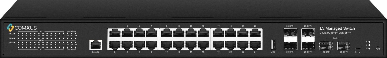 24 Port Managed Stackable Switch with 6 SFP+ Uplinks - COMXUS